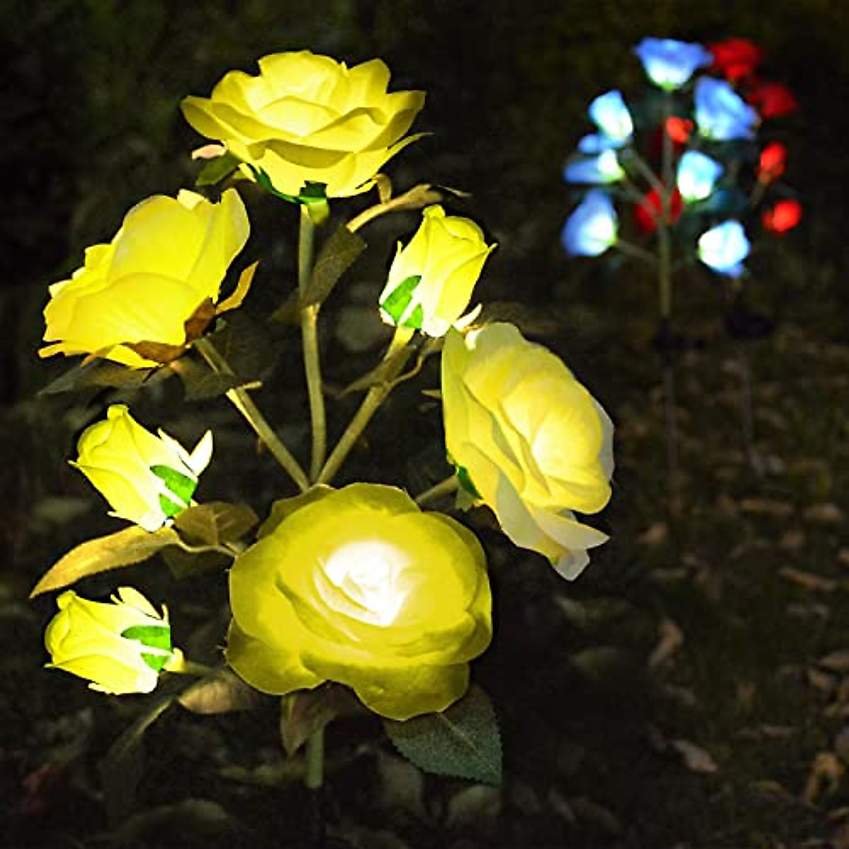 Abkshine Solar Rose Flower Lights Garden Decor, Upgraded 7-Rose Solar Flower Lights Yard Decor Outdoor Waterproof Garden Pathway Lights for Patio Pathway Courtyard Lawn Cemetery Decorations (Yellow)