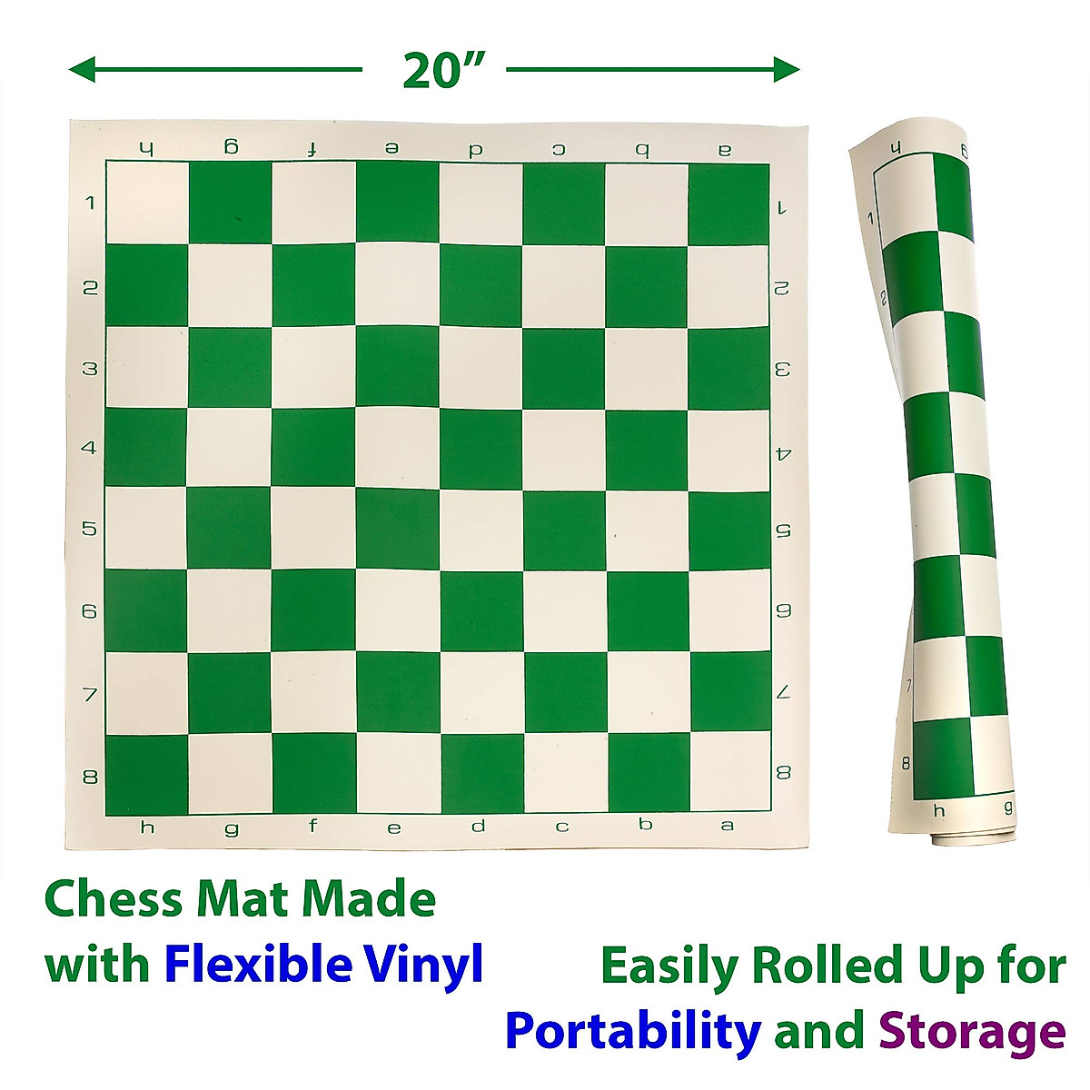 Sterling Games Extra Large 20" x 20" Roll Up Chess Mat and Chess Pieces Set, Tournament Chess Pieces, Green Vinyl Travel Chess Mat