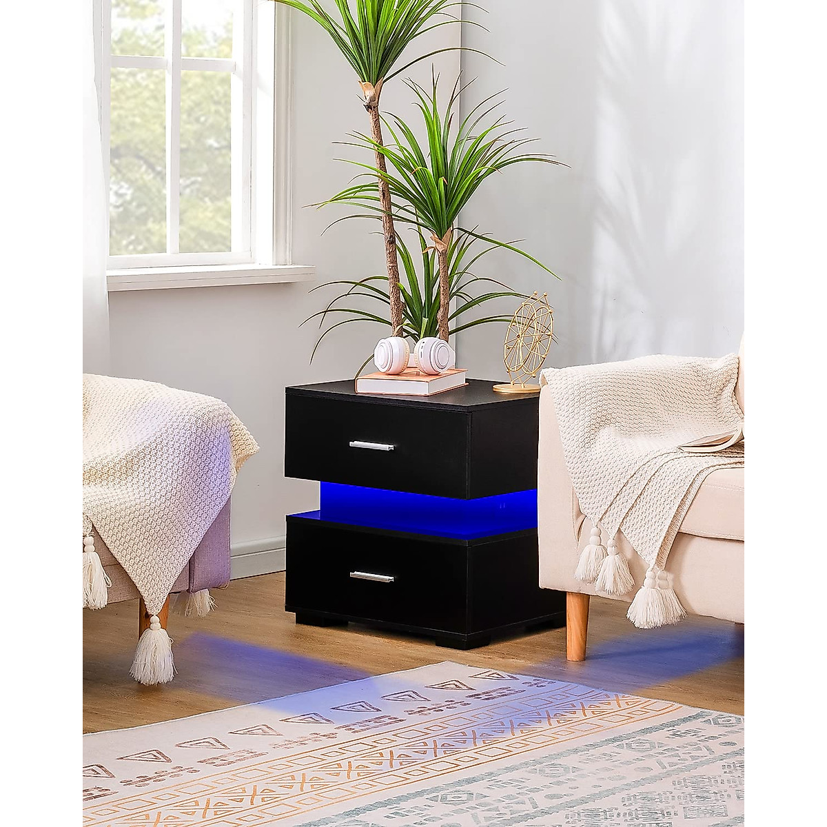 WEENFON Night Stands, LED nightstand with Charging Station, Bedside Table with 2 Wider and Deeper Drawers, Nightstand, Modern Design, End Side Table, Black