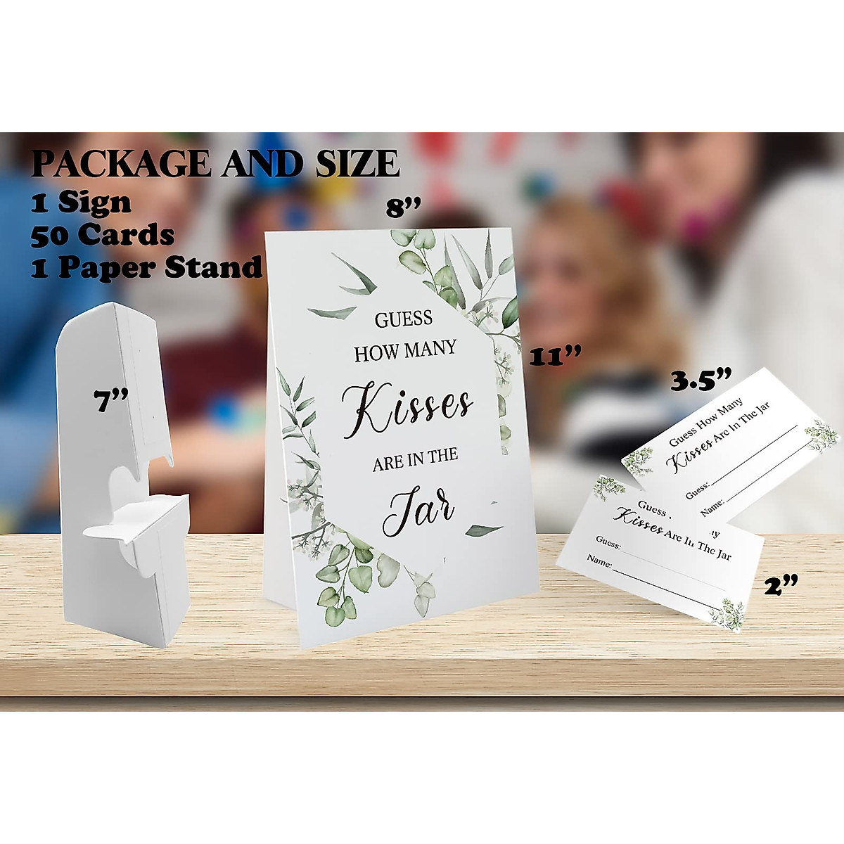 Guess How Many Kisses Are in the Jar Game-1 Standing Sign and 50 Guessing Cards, Greenery Bridal Shower Games, Baby Shower Sign, for Boys Girls Baby Shower Favors and Weddings Party Decoration-02