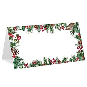 Whaline 100Pcs Christmas Place Cards 2 x 3.5 Inch Holly Berry with Pine Branch Cone Tented Cards Seating Cards for Xmas Wedding Bridal Shower Birthday Party Table Setting