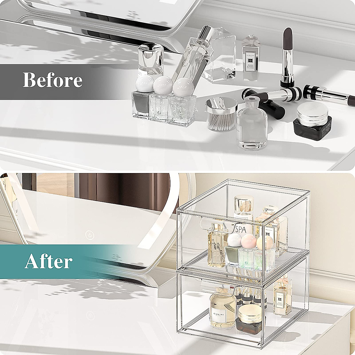 SpaceHacks 2 Pack Stackable Makeup Organizer and Storage, Acrylic Organizers，Clear Plastic Storage Drawer with Handles for Vanity, Undersink, Kitchen Cabinets, Pantry