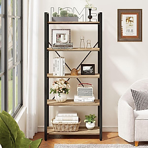 FATORRI 5 Tier Bookshelf, Industrial Wood and Metal Book Shelves for Display, Tall Etagere Bookcase and Rustic Shelving Unit (Rustic Oak)