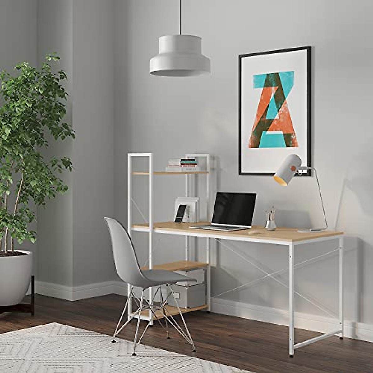Ames 55" Reversible Gaming Computer Desk with Adjustable Shelves, Home Office Desk, Grommet Cable-Management, Leveler Feet, Easy Assembly, White/White Oak