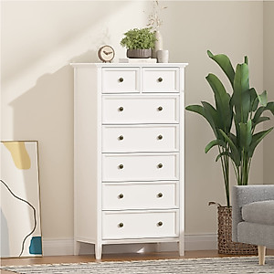 IKENO White 7 Drawer Tall Dresser, Tall Solid Wood Large Storage Cabinet, Modern Simple White Tall Chest of Drawer for Bedroom Living Room Hallway Entryway (White)
