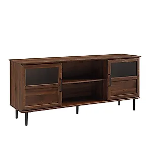 Walker Edison Modern Farmhouse Wood and Glass TV Stand with 2 Cabinet Doors for TV's up to 65" Flat Screen Universal TV Console Living Room Storage Shelves Entertainment Center, 58 Inch, Dark Walnut