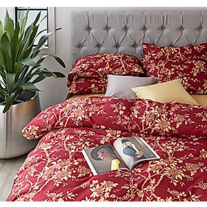 Eastern Floral Chinoiserie Blossom Print Duvet Quilt Cover Navy Blue Tan White Asian Style Botanical Tree Branches Ornamental Drawing 400TC Egyptian Cotton 3pc Bedding Set (King, Garnet)