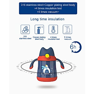 AINAAN Stainless Steel Travel Mug Thermos Kids Flask Thermal Cup BPA Free with Straw Water Bottle 350ml （Blue）