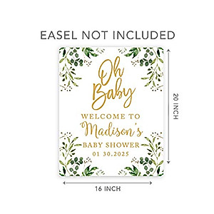 Andaz Press Custom Large Baby Shower Canvas Welcome Sign, 16 x 20 Inches, Gold and Greenery Leaf Foliage, Guestbook Alternative, Personalized Sign Our Canvas, for Greenery Baby Shower, Baby Sprinkle