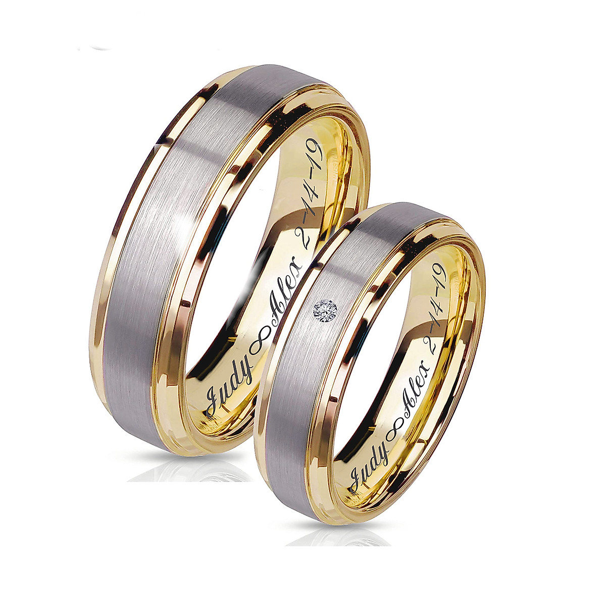 Personalized Two Tone Brushed Silver & Gold Ring Set Custom Engraved Free - Couple's Ring Set - Wedding Band Set - Ships From USA