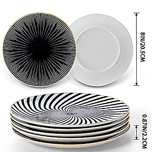 Sanbege 6 Pcs Porcelain Salad Plates, 8" Ceramic Serving Plates, Mix Match Dishes for Sandwich, Pasta, Steak, Dessert (Black and White)