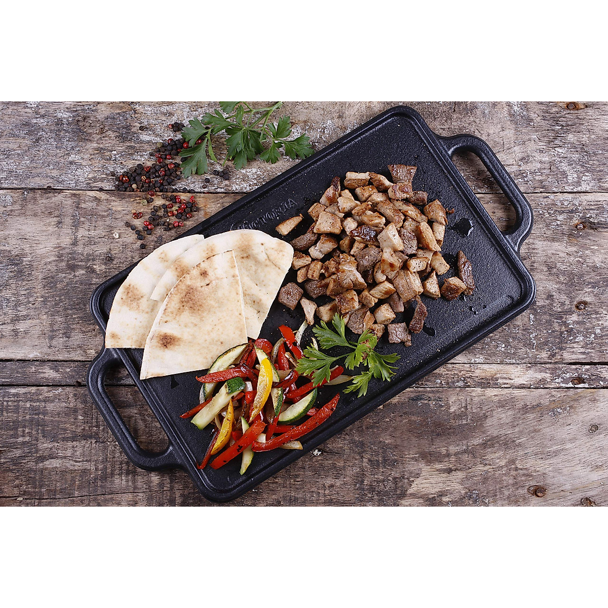 Victoria Rectangular Cast Iron Griddle. Double Burner Griddle, Reversible Griddle Grill, 13 x 8.5 Inch, Seasoned with 100% Kosher Certified Non-GMO Flaxseed Oil, Model: GDL-189