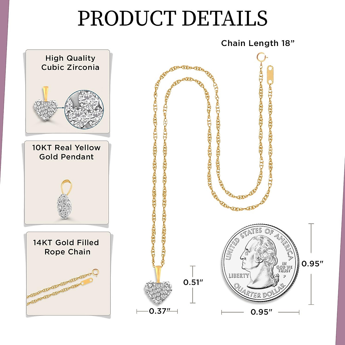 Jewelili Puffed Heart Necklace Pendant 10K Yellow Gold with White Round Cubic Zirconia 18 inch 14K Gold Filled Chain