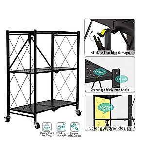 RUIJIAJU 3-Tier Foldable Standing Shelf Units Storage Rack,Metal Heavy Duty Storage Shelf with Wheels
