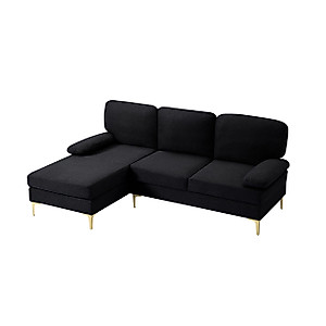 KoiHome 79.5" Left Hand Facing Sectional Sofa Couch with 2 Detachable Armrest Pillows, Modern Fabric 3-seater L Shape Chaise with Gold Metal Legs for Living Room,Apartment,Office, Polyester, Black