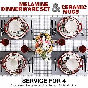 Zog Melamine Dinnerware Set for 4-16 Pcs Camping Dishes Set with Melamine Dinner Plates,Melamine Salad Plates,Melamine Bowls and Ceramic Cups.Lightweight and Unbreakable (Flower3)