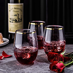 eventpartener 20 Pack Disposable Stemless Wine Glasses, 16 OZ Plastic Wine Cups, Gold Rim Unbreakable Wine Glasses, Whiskey Cocktail Glasses, Shatterproof Clear Drinking Glasses for Party, Wedding