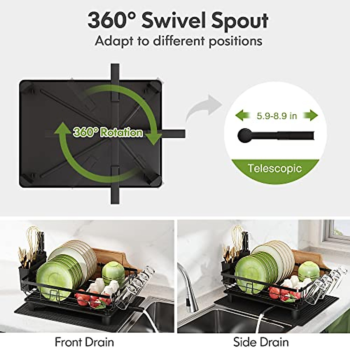 BOOSINY Dish Rack with Drainboard Set, Stainless Steel Dish Drainer for Kitchen Counter, Dish Racks with Utensil Holder, Cup Holder, Cutting-Board Holder and Extra Drying Mat (Black)