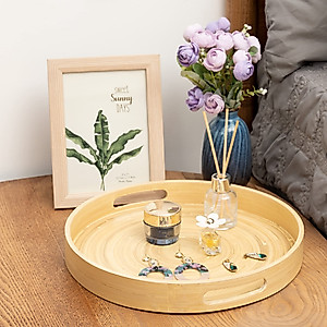 Round Serving Tray with Handles Bamboo Trays Serving Large Decorative Tea Trays for Coffee Table Bar Home Decor Bathroom Centerpieces Outdoor Organizing Tray for Vanity Fruit Set 2 (Bamboo Natural)