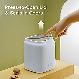 ABEETE Mini Countertop Trash Can with Press Top Lid, 0.66 Gal Small Garbage Can Pop-Up for Desk, 2.5L Tiny Wastebasket Cute Dog Proof Trash Bin for Baby Bedroom, Bathroom Vanity Top, RV-White