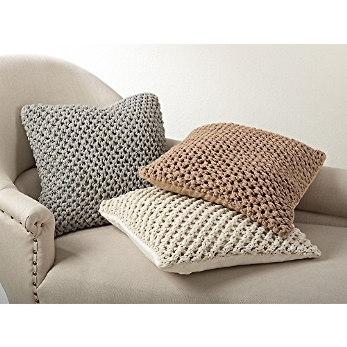 SARO LIFESTYLE Collecti 1590 Sheridan Collection Cotton Knitted Design Down Filled Throw Pillow, Grey, 20" Square
