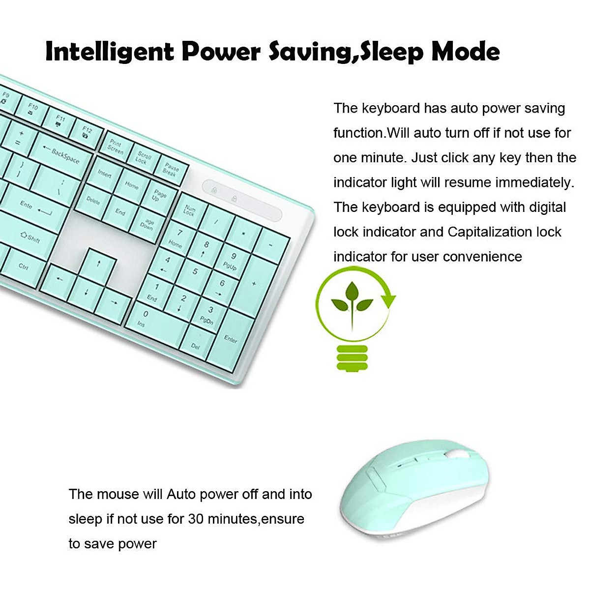 Wireless Keyboard Mouse Combo,2.4G USB Cordless Cute Lightweight Mute Chocolate Keyboard and Optical 800-1200-1600DPI Adjustable Mouse Set Office Game Home Use for Notebook Laptop Computer (Green)