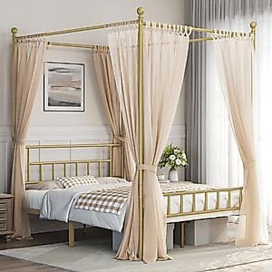 Yaheetech Canopy Bed Frames Metal Four-Poster Canopied Platform Bed with Headboard and Footboard, Sturdy Slatted Structure/Ground Clearance: 11.2" /Antique Gold/Full Bed