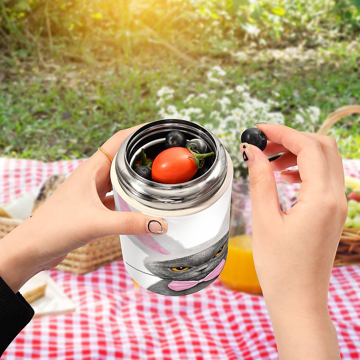 CUPADA Funny Cat Cute Food Jar, Bunny Rabbit Ears Insulated Hot Food Jars Vacuum 17OZ with Folding Spoon for Work Trip Picnic Camping