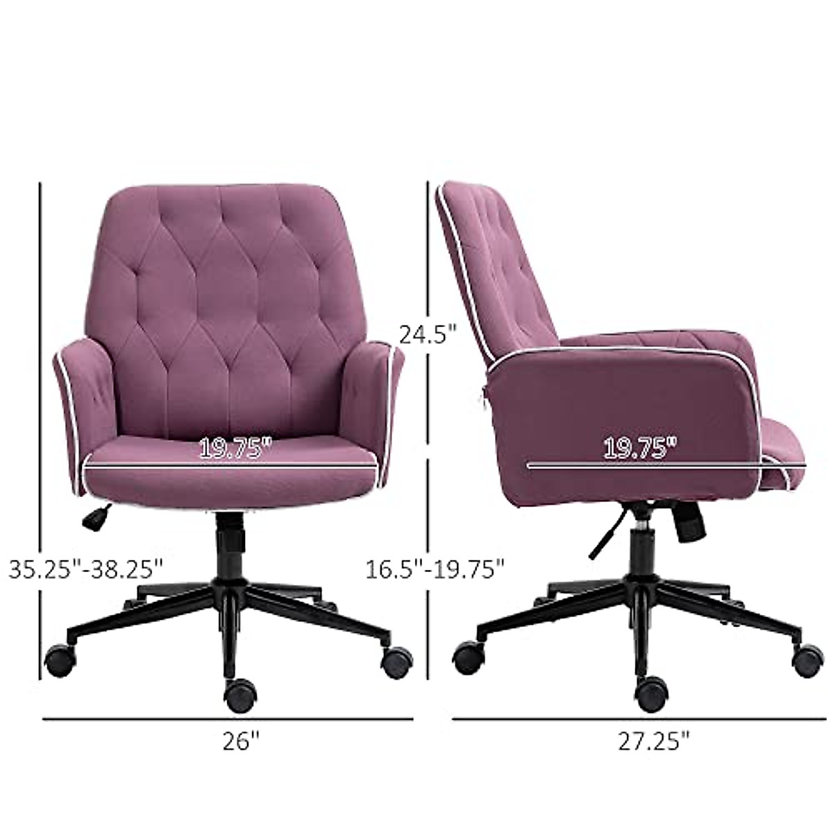 Vinsetto Modern Mid-Back Tufted Spandex Home Office Desk Chair with Adjustable Height, Swivel Adjustable Task Chair with Padded Armrests, Purple
