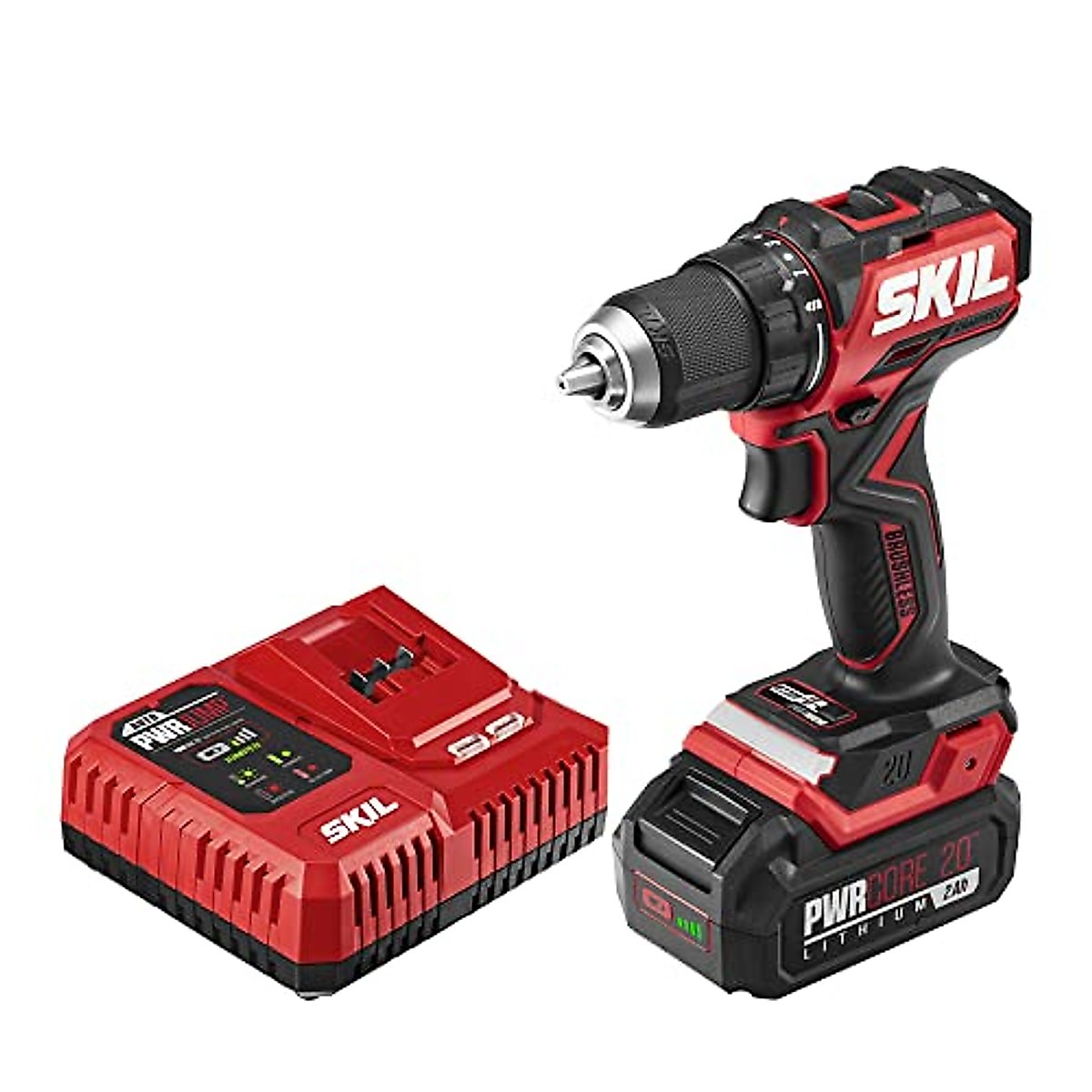 SKIL PWR CORE 20 Brushless 20V 1/2 In. Compact Varible-Speed Drill Driver Kit with 1/2'' Single-Sleeve, Keyless Ratcheting Chuck & LED Worklight Includes 2.0Ah Battery and PWR JUMP Charger-DL6293B-10