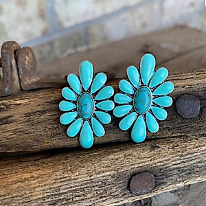 Bohemian Western Natural Turquoise Geometric Flower Drop Dangle Earrings Ethnic Teardrop for Women Statement Cowgirl Ethnic Boho Jewelry-1