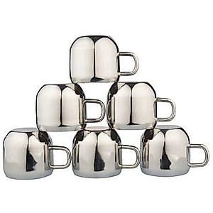 SS Ecom Set of 6 Stainless Steel Coffee Cups, Small Tea Cups with Stainless Steel Handle, Double Wall Espresso Cup Set - Silver, 3.5 oz