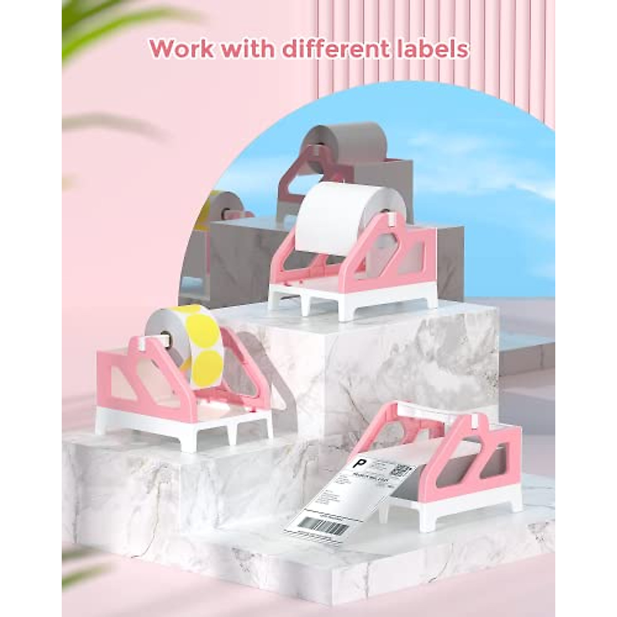 MUNBYN Pink Label Holder for Rolls and Fan-Fold Labels, Shipping Label Roll Holder for Desktop Label Printer Shipping Supplies Industrial Labels…