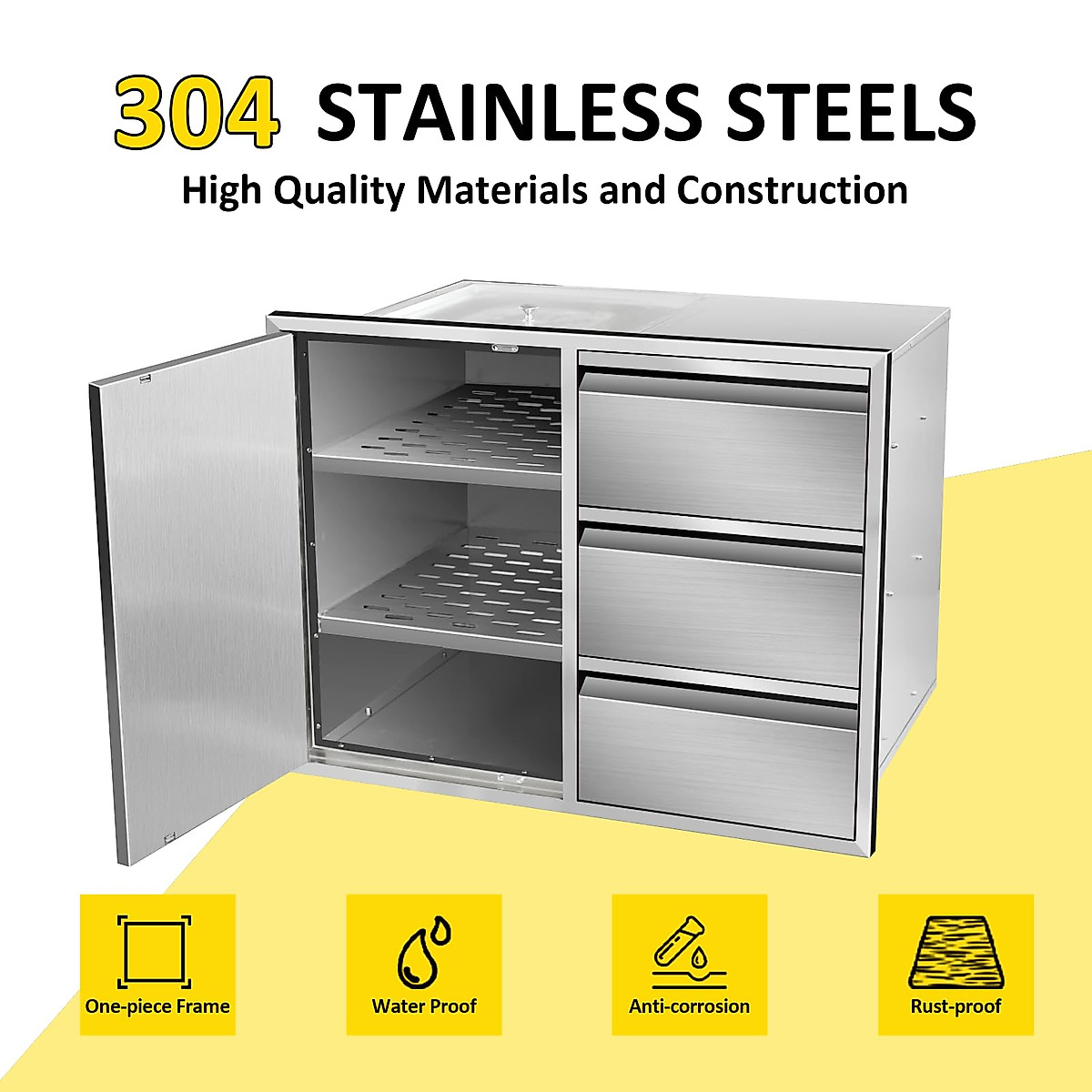 SGOLAN Outdoor Kitchen Door Drawer Combo Cabinet 28" W x 22" H x 19.5" D Stainless Steel Built-in Triple Drawers&Access Door Combo Cabinet for Outdoor Kitchen Island