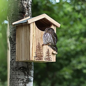 Owl House Barn Owl Box Screech Owl House with Bird Stand Great Horned Owl Box Bird Houses for Outside Large Handmade Wooden Rectangular Opening Bird Box,with Mounting Screws, Easy Assembly