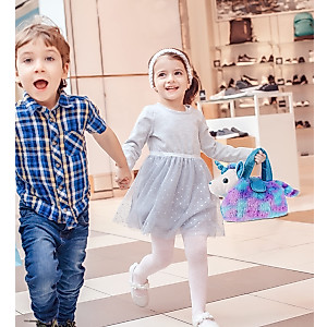 DolliBu Unicorn Bags Collection Set of 4 - Unicorn Stuffed Animal Purse Bags for Girls, Removable White, Purple, Rainbow, Blue Unicorns in Furry Handbags