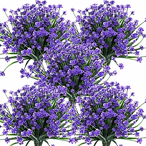 KLEMOO Artificial Flowers, 8 Bundles Fake Outdoor UV Resistant Greenery Faux Plants Shrubs for Indoor Outside Hanging Planter Home Office Wedding Farmhouse Decor (Purple)
