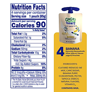 GoGo squeeZ yogurtZ Banana, 3 oz (Pack of 4), Kids Snacks Made from Real Yogurt and Fruit, Pantry Friendly, No Fridge Needed, Gluten Free and Nut Free, Recloseable Cap, BPA Free Pouches