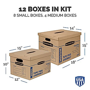Bankers Box SmoothMove Classic Moving Boxes, Tape-Free Assembly, Easy Carry Handles, Brown, Assorted 12 Pack (7716401)
