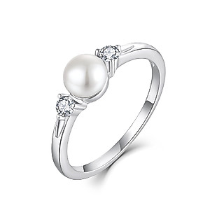 JO WISDOM Pearl Ring,925 Sterling Silver Cubic Zirconia Women's Rings with 7mm White Freshwater Cultured Pearl Ring size 8
