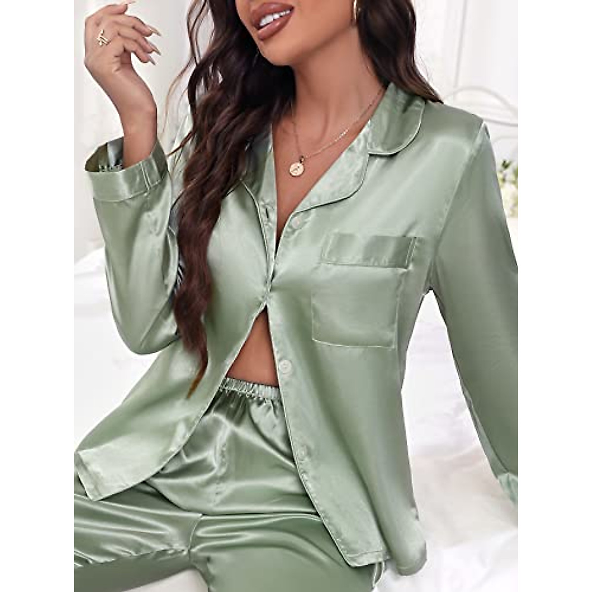 OYOANGLE Women's Satin Long Sleeve Pajama Set Button Down Silk Pj Set Sleepwear Lounge Set Mint Green XL