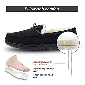 LA PLAGE Men's Moccasin Slippers Memory Foam Warm Plush House Slippers, Indoor Outdoor Comfortable Winter House Shoes 10 US Black