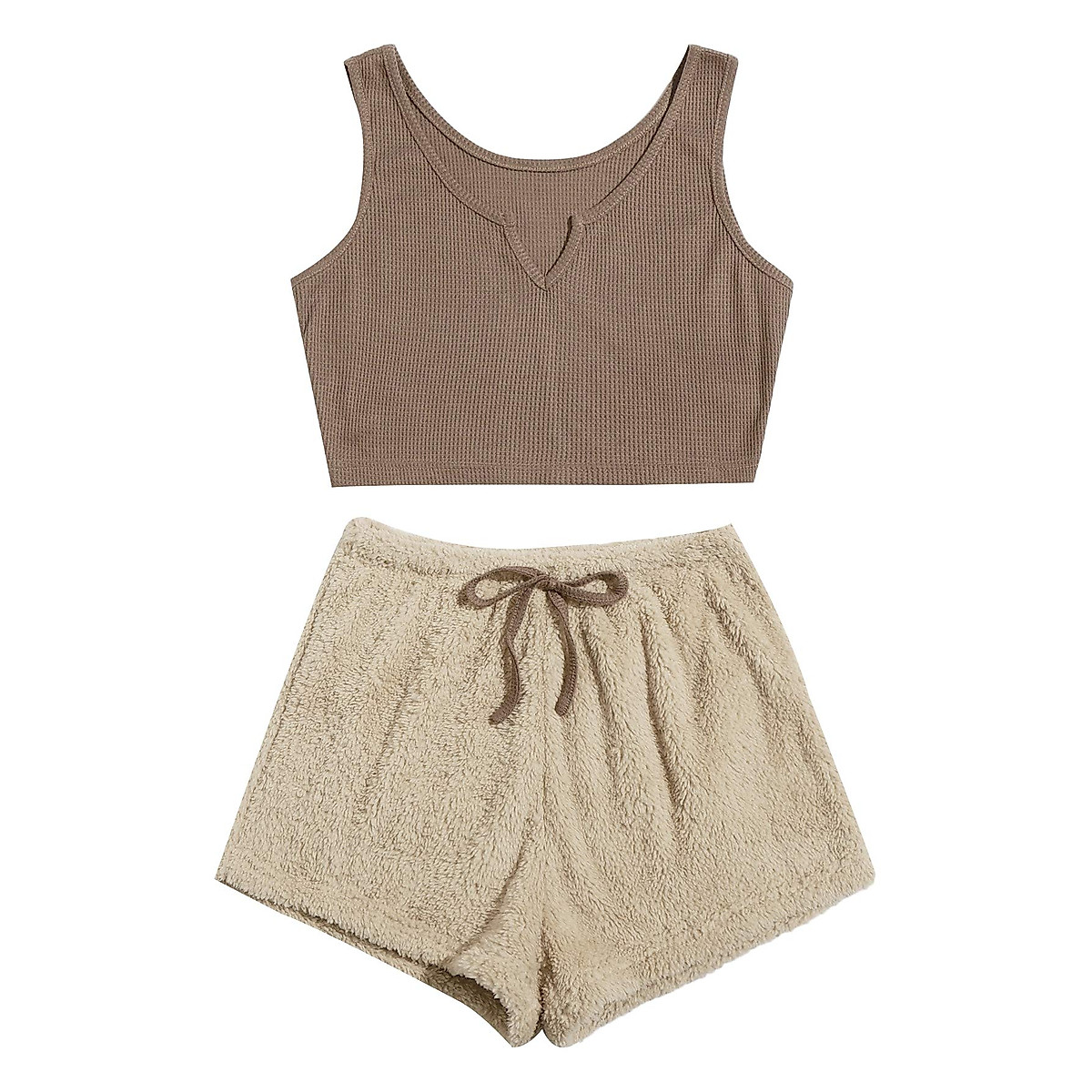 Verdusa Women's Notched Tank Top & Tie Front Teddy Shorts Lounge Pajama Set Multicolored S