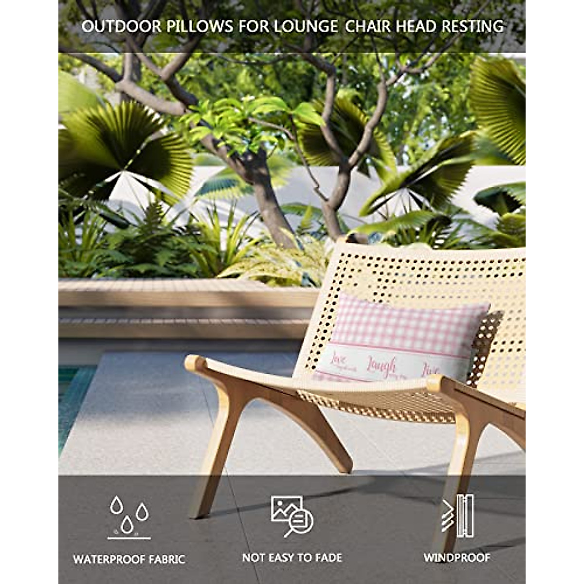 Recliner Head Pillow Ledge Loungers Chair Pillows with Insert Pink Plaid Love Laught Live Lumbar Pillow with Adjustable Strap Outdoor Waterproof Patio Pillows for Couch Beach Pool Office Chair, 2 PCS