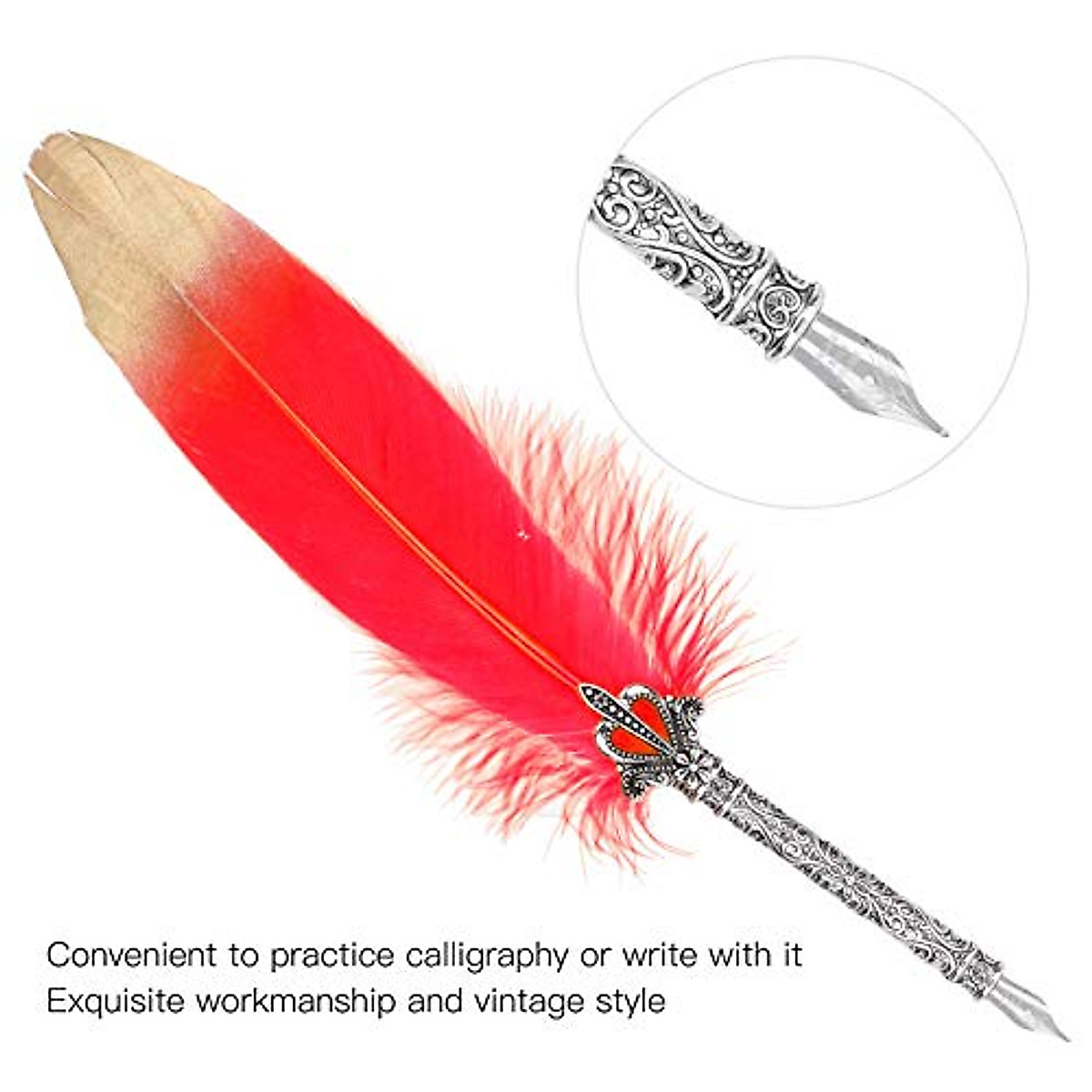 GLOGLOW Feather Pen Set, Vintage Calligraphy Writing Pen Kit with 5pcs Replacement Nib, Seal, Empty Ink Bottle for Office Stationery(Red)
