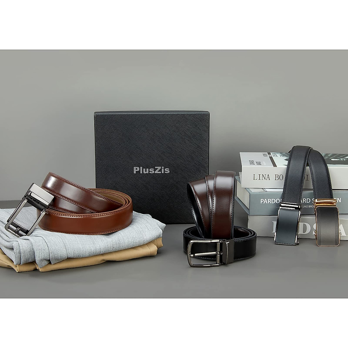 PlusZis 28"-68" Men's Leather Ratchet Dress Belt Big And Tall With Automatic Buckle