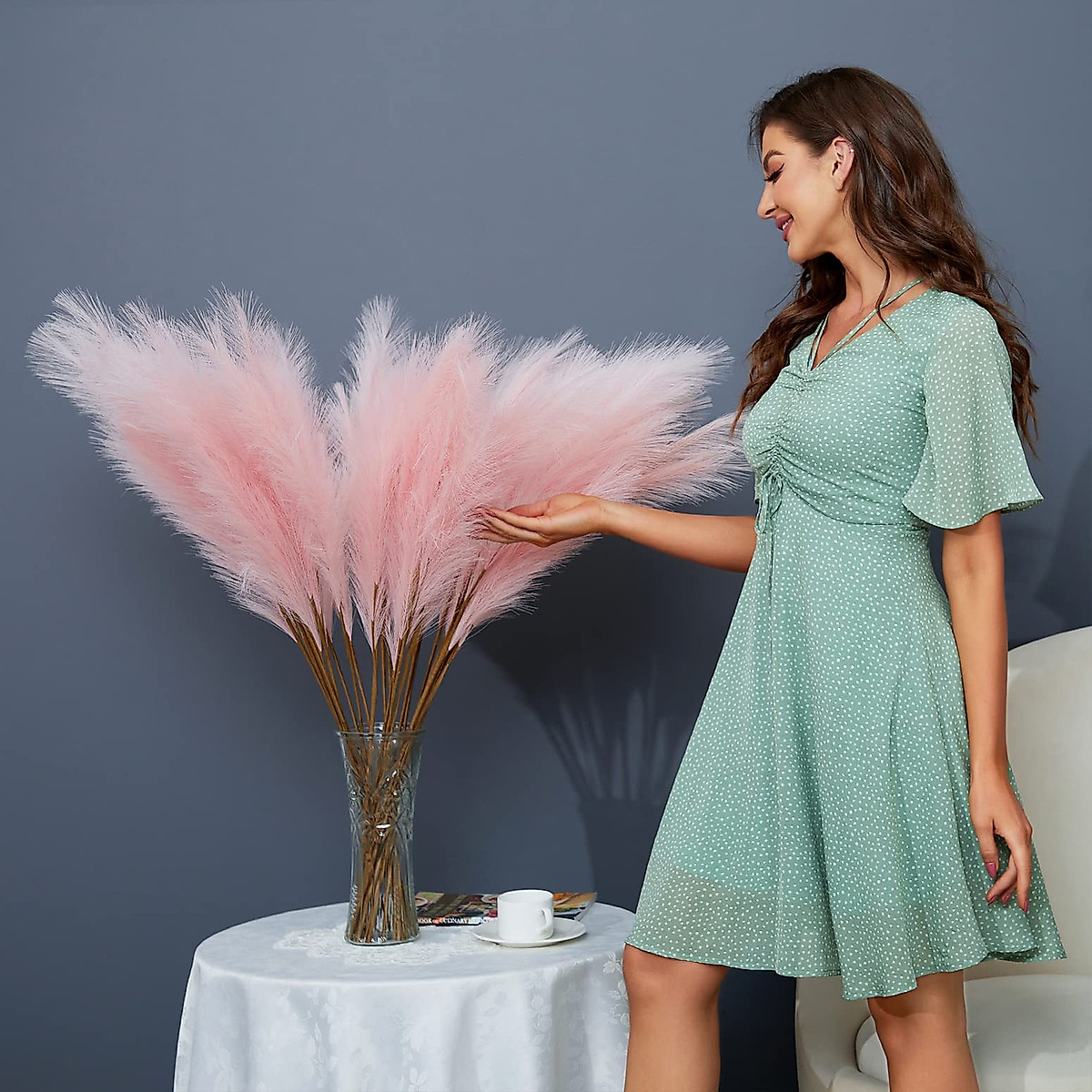 FOTEEWL 8 PCS Faux Pampas Grass Decor 38"/3.1FT Tall Fake Pompas Floral Large Artificial Pompous Grass Branches Plants for Floor Vase Filler Home Boho Decoration (Pink)