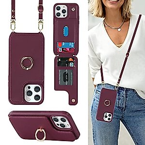 Lipvina for iPhone 13 Case with Card Holder for Women,for iPhone 13 Phone Case with Strap,Crossbody Lanyard,Ring Stand,RFID Blocking,Cute Wallet Cases for iPhone 13 6.1 inch(Wine Red)