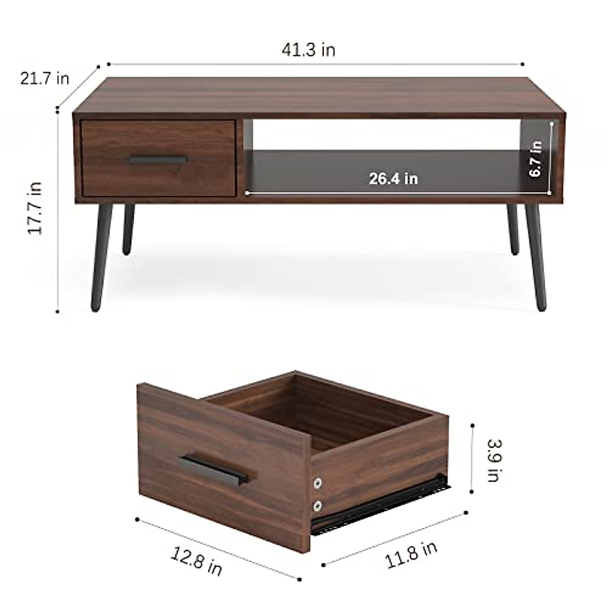HAIOOU Coffee Table, Mid Century Modern Style Cocktail Table TV Stand with Drawer, Open Storage Shelf, Stable Floor-Anti-Scratching Pine Leg for Home, Office, Living Room - Walnut
