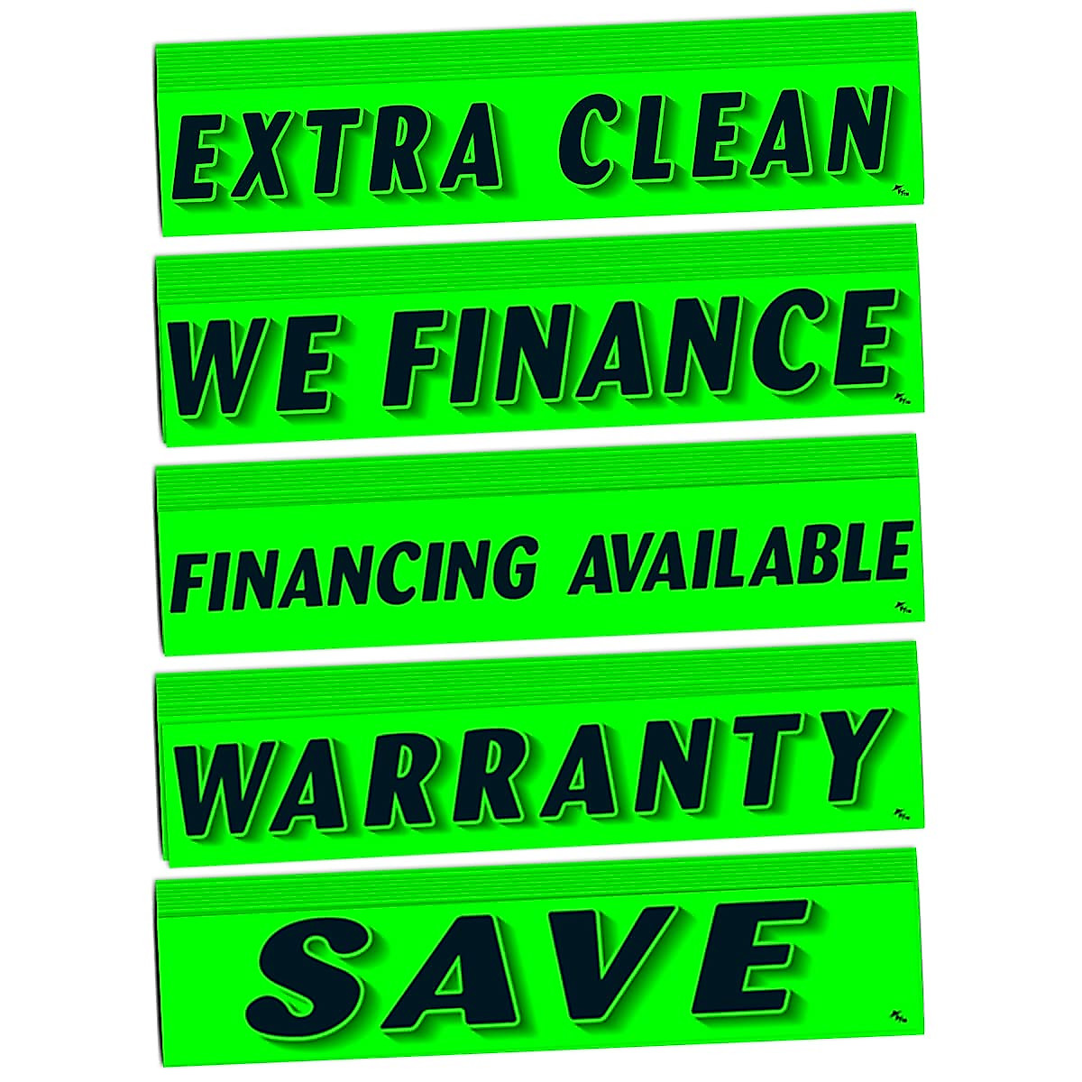 Versa Tags Windshield Slogan Stickers 12 Pack Each of Extra Clean, WE Finance, FINANCING Available, Warranty, Save (60) Window Stickers Total Dealership Stickers Black On Green